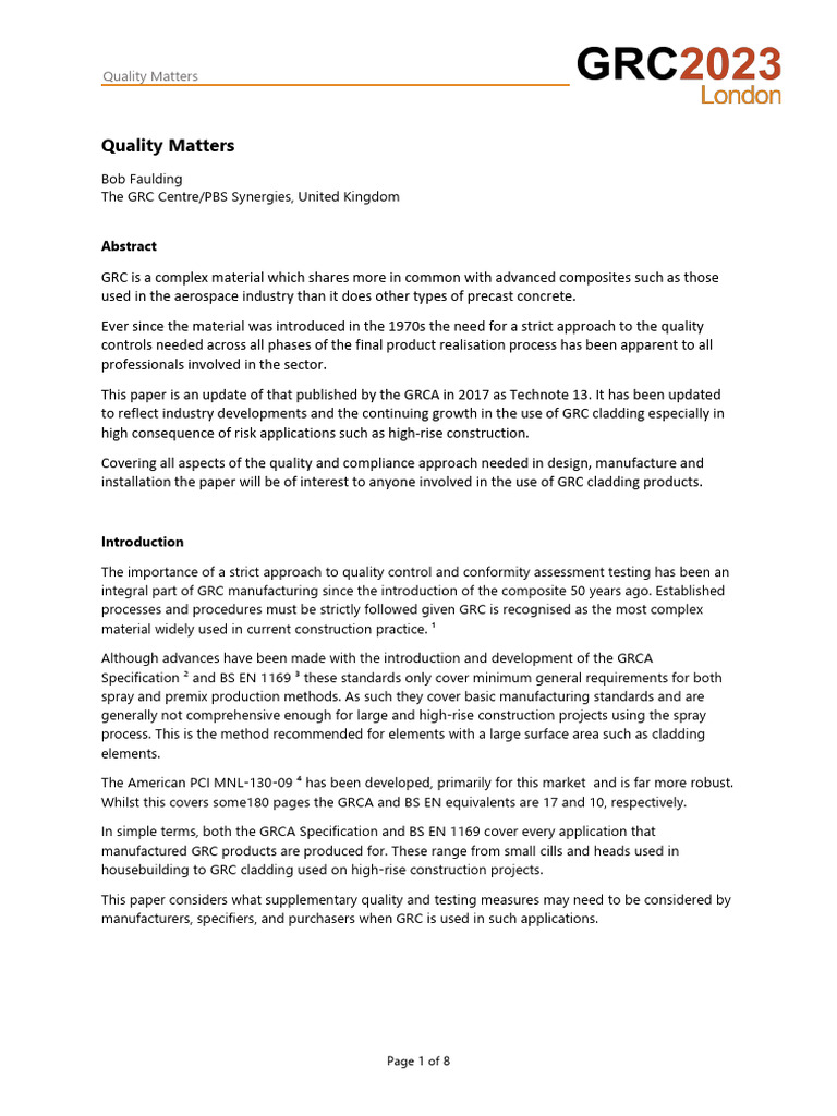 0 Quality Matters GRCA May 2023 | PDF | Strength Of Materials | Concrete