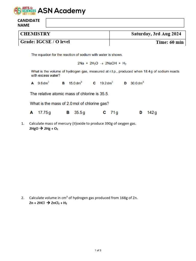 Moles and Equations Test 2nd August 2024 | PDF