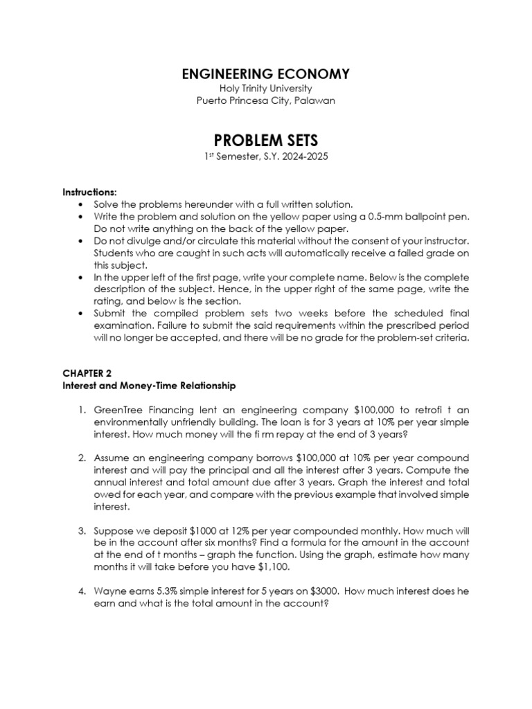 Chapter 1 - 3 - ENGINEERING ECONOMY - Problem Sets | PDF | Interest ...