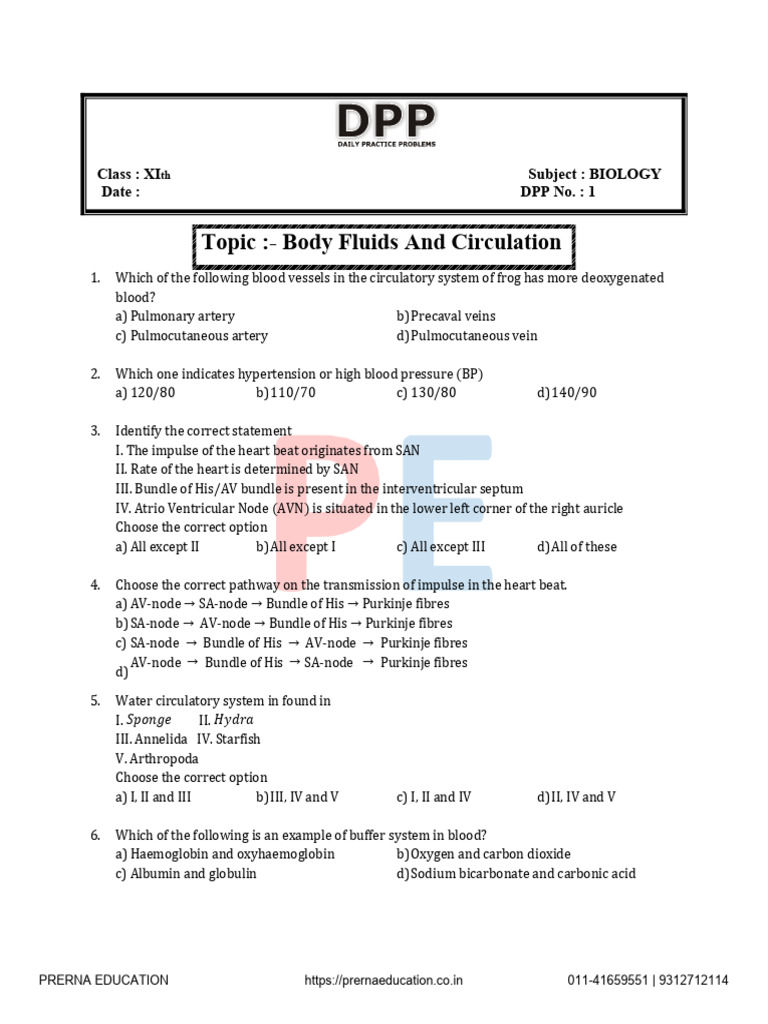 Body Fluids and Circulation DPP 1 | PDF | Heart | Ventricle (Heart)