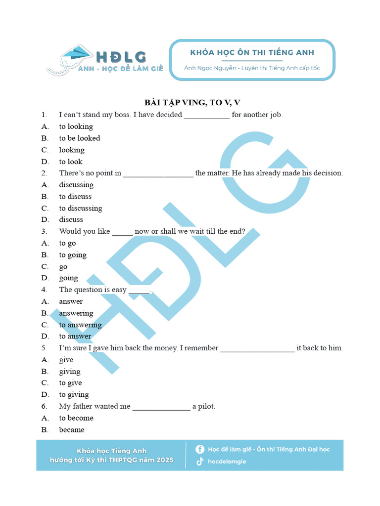 BÀI TẬP VING - TO V | PDF
