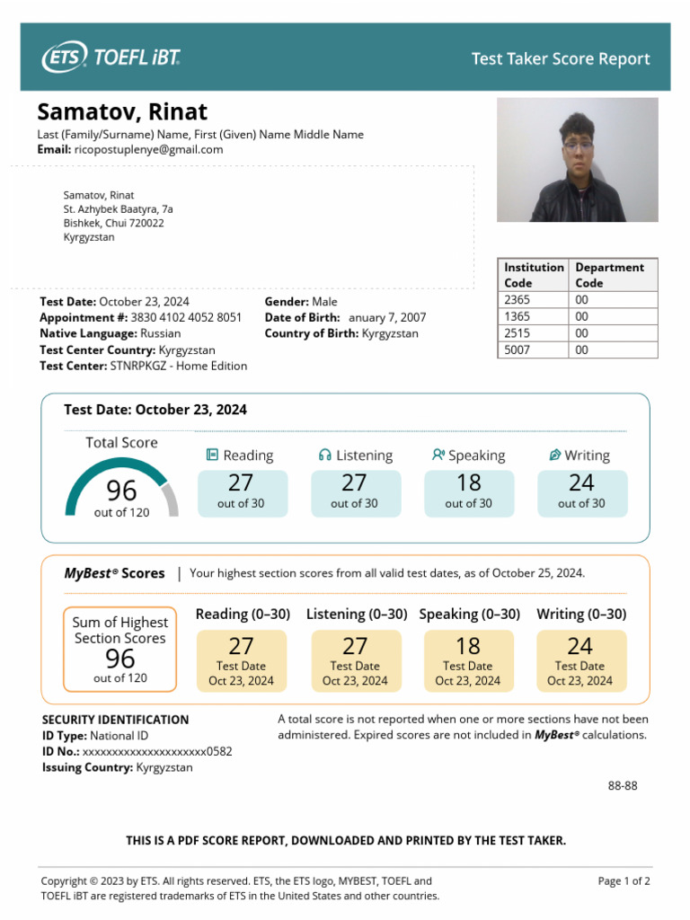 TOEFL Score Report 0528051 | PDF | Test Of English As A Foreign ...