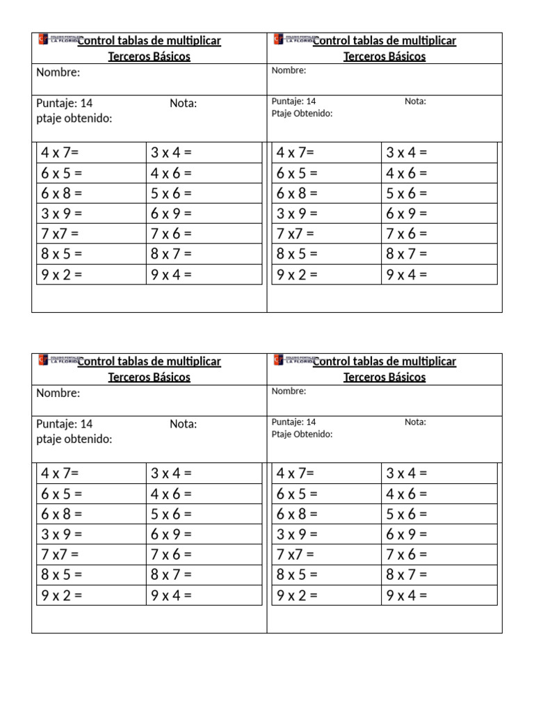 Control Tablas de Multiplicar | PDF
