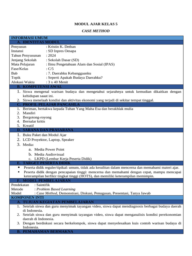 Modul Ajar Ips Kelas 5 (Model Case Method) | PDF