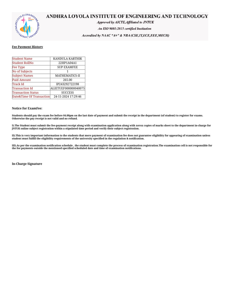ALIET Exam Fee Payment Instructions | PDF