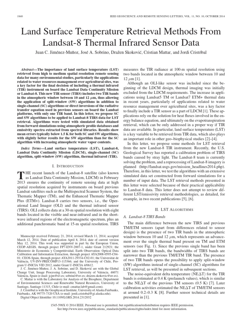LST Retrieval Methods From LS8 Thermal Inf Sensor Data | PDF