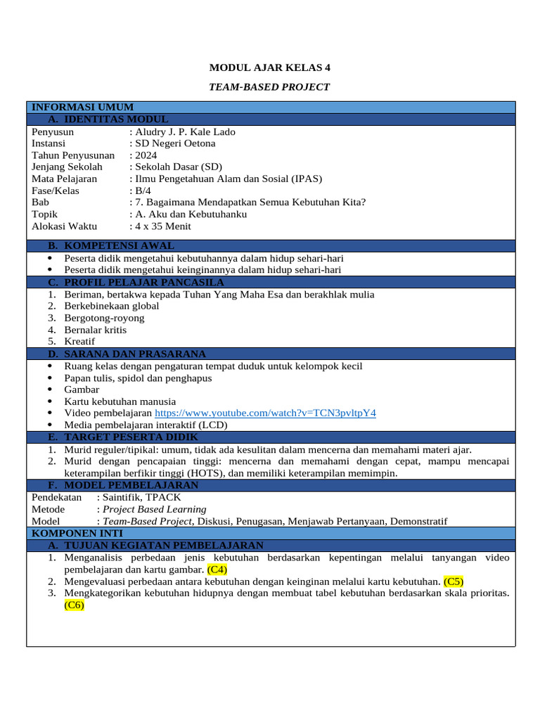Modul Ajar Ips Kelas 4 (Model Team-Based Project) | PDF