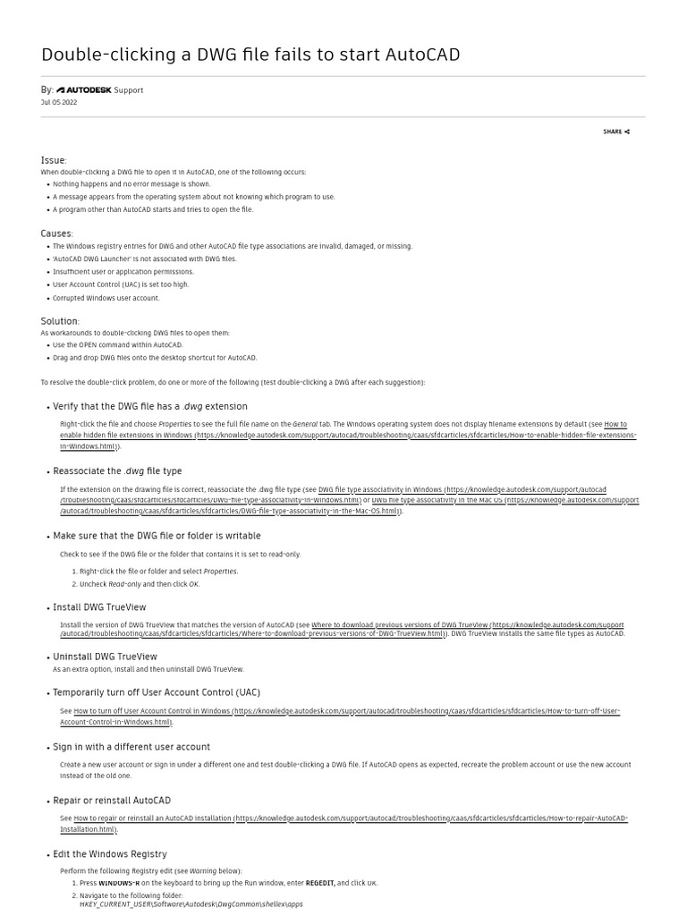 Double-clicking a DWG file fails to start AutoCAD AutoCAD | PDF | Windows Registry | Auto Cad