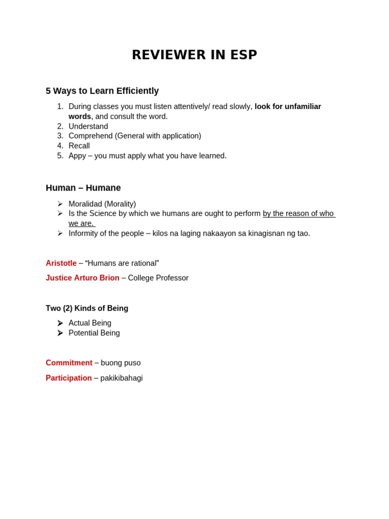 Reviewer in Esp 1st. Summative Exam | PDF