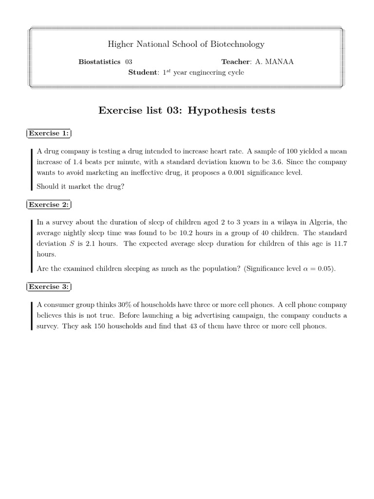 Exercise List 03 Hypothesis Tests | PDF