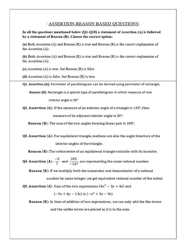 Assertion-Reason Based Questions Worksheet | PDF | Triangle | Euclidean ... Assertion-Reason Based Questions Worksheet | PDF | Triangle | Euclidean ...