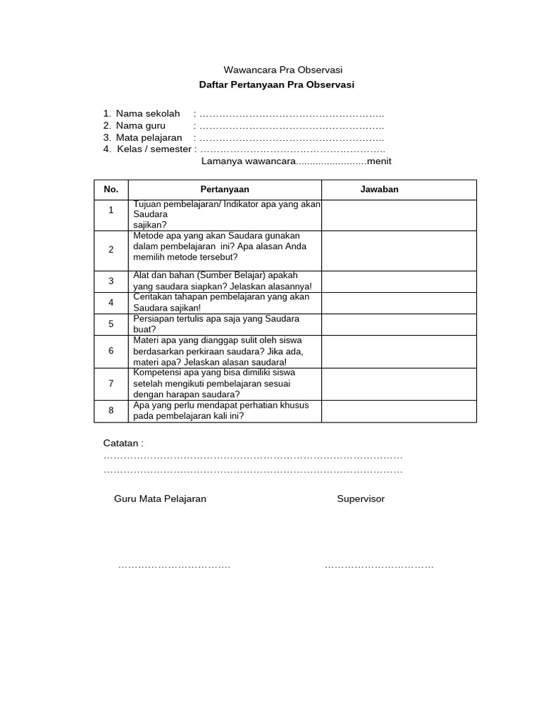 Wawancara Pra Dan Pasca Observasi | PDF