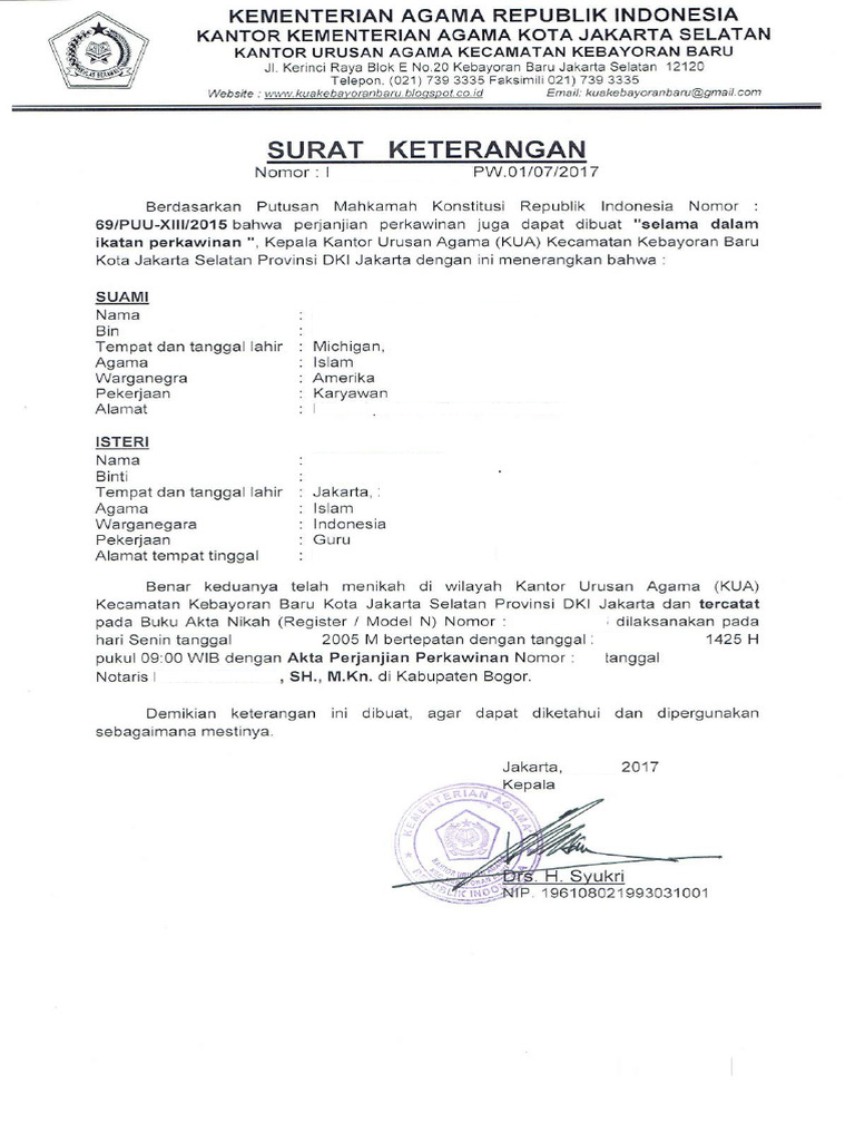 Contoh Pencatatan Akta Postnuptial Di Kua | PDF