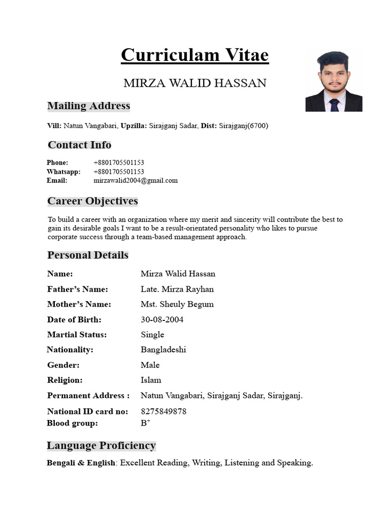Mirza Walid Hassan's CV and Qualifications | PDF | Bangladesh