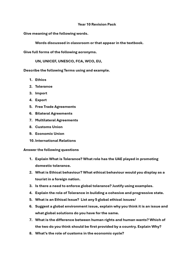 Year 10 Revision: Key Concepts & Terms | PDF