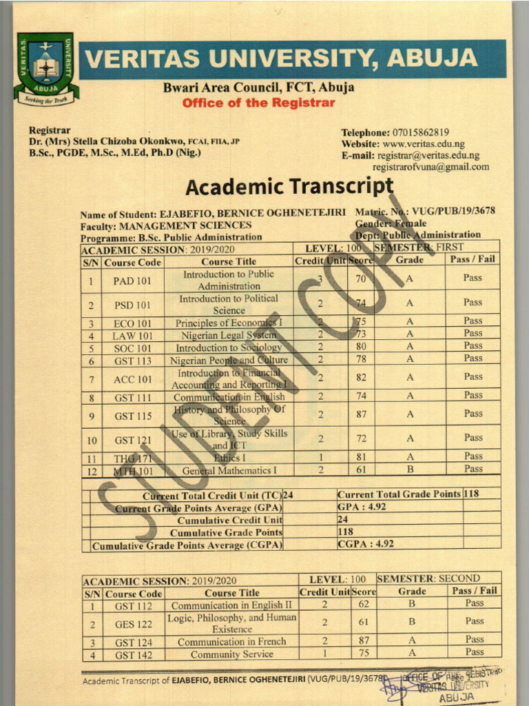 Academic Transcript - Ejabefio, Bernice Ogheretejiri | PDF