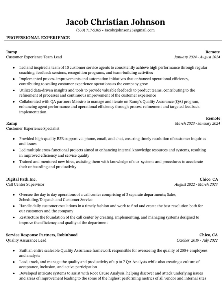 Jacob Christian Johnson Resume | PDF | Customer Experience | Quality Assurance