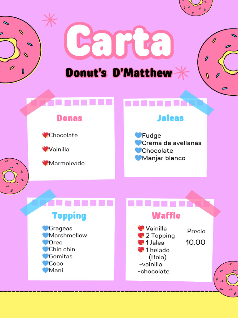 Menú Donas de Sabores Ilustrado Rosa | PDF