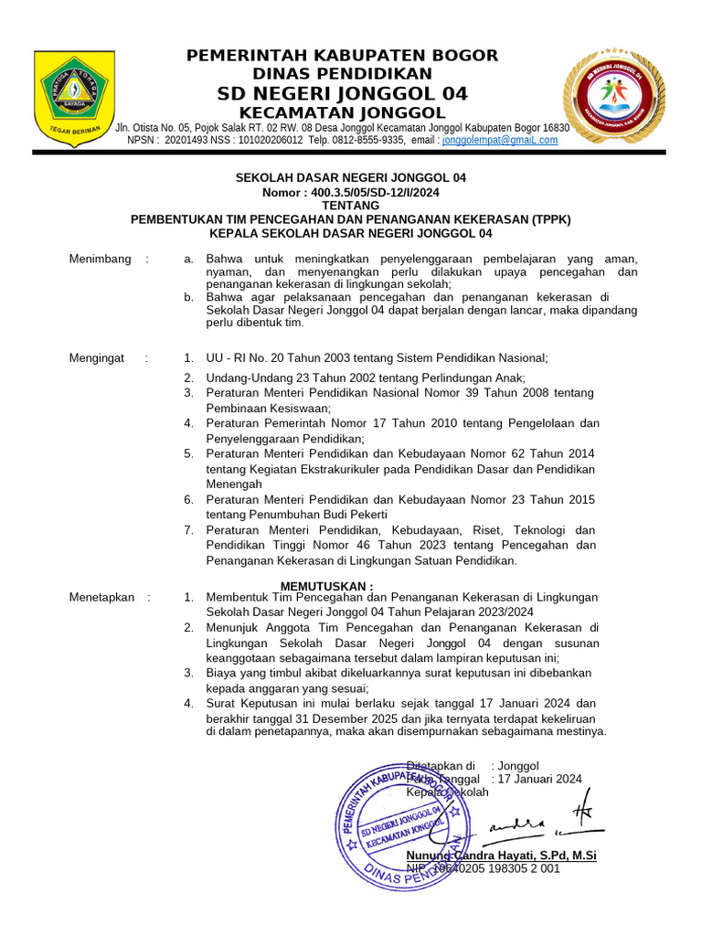 PEMBENTUKAN TIM PENCEGAHAN DAN PENANGANAN KEKERASAN (TPPK) 2024 | PDF