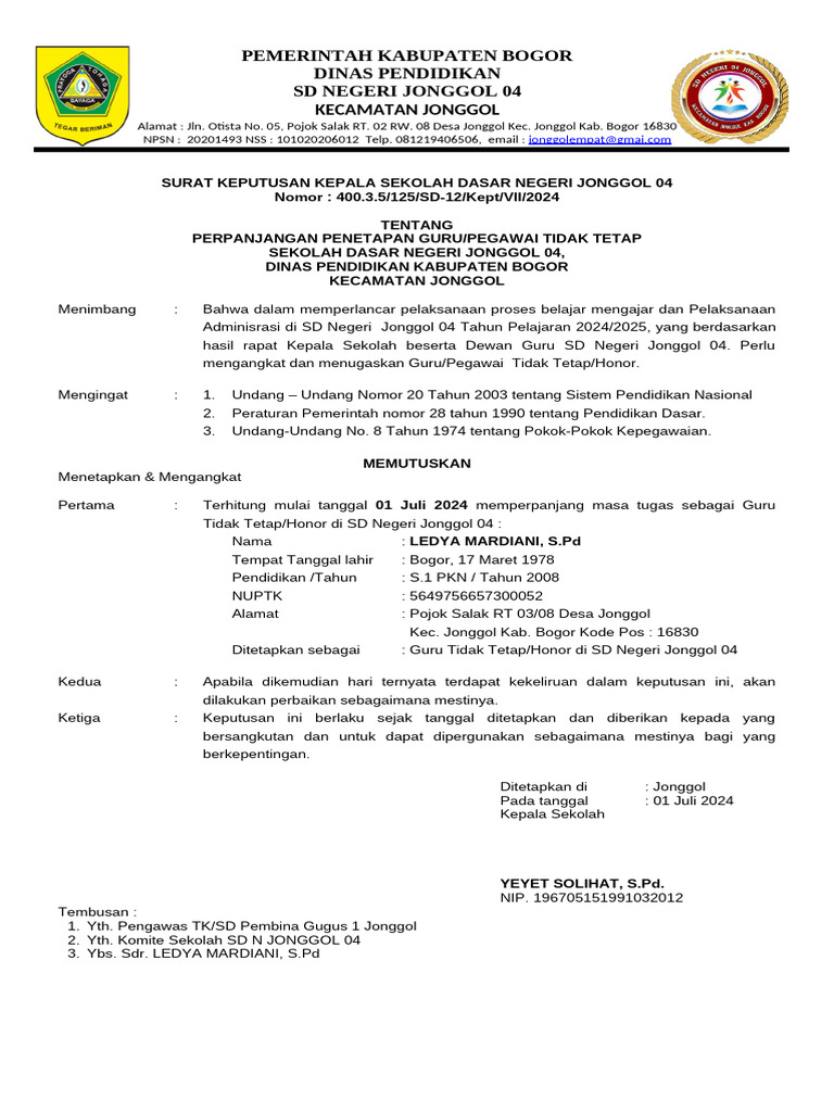 SK - Kepala Sekolah Tentang Perpanjangan Penetapan GTT 2024-2025 | PDF