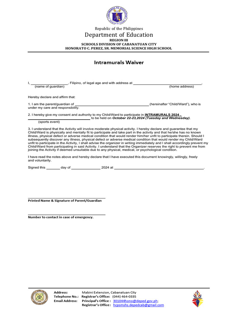 Intramurals 2024 Waiver Form | PDF