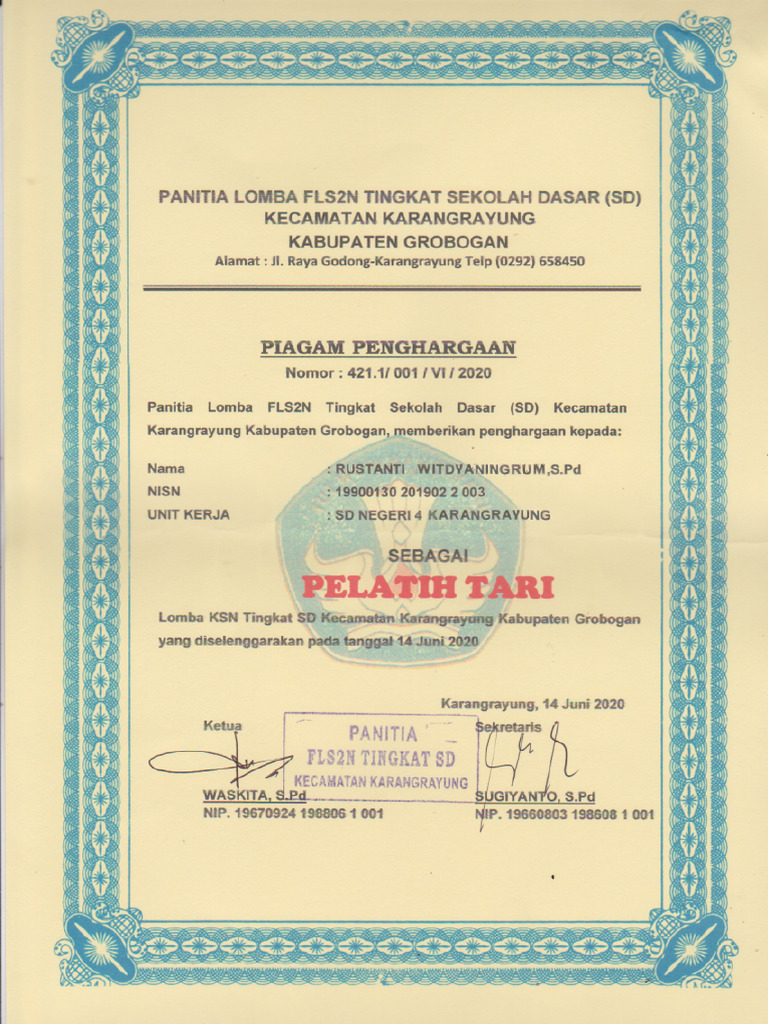 Piagam Pelatih Tari Lomba Fls2n 2020 1111 | PDF