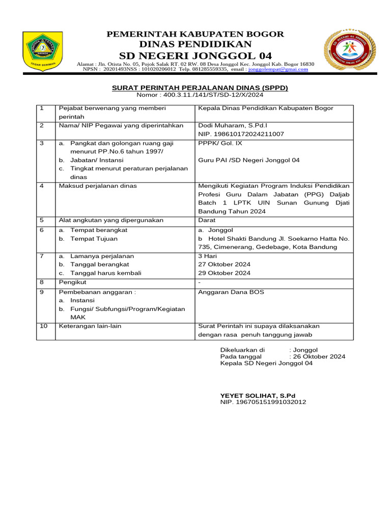 SURAT PERINTAH PERJALANAN DINAS (SPPD) 2024-2025 - Dodi Muharam - 2 | PDF