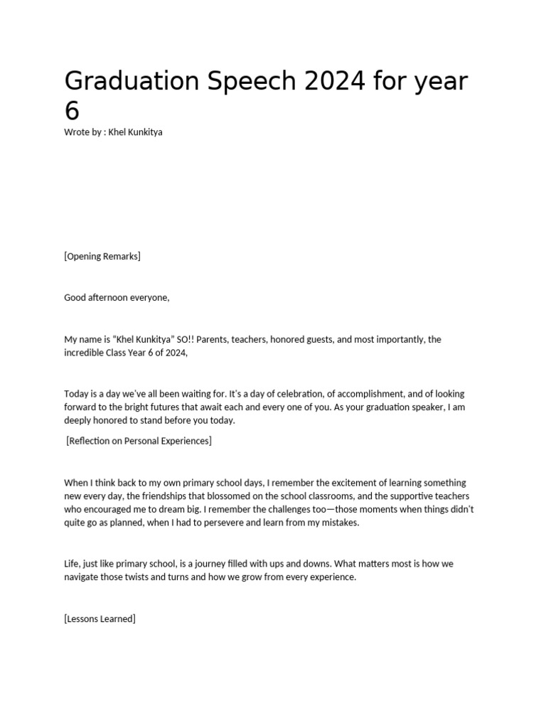 Graduation Speech 2024 For Year 6 | PDF