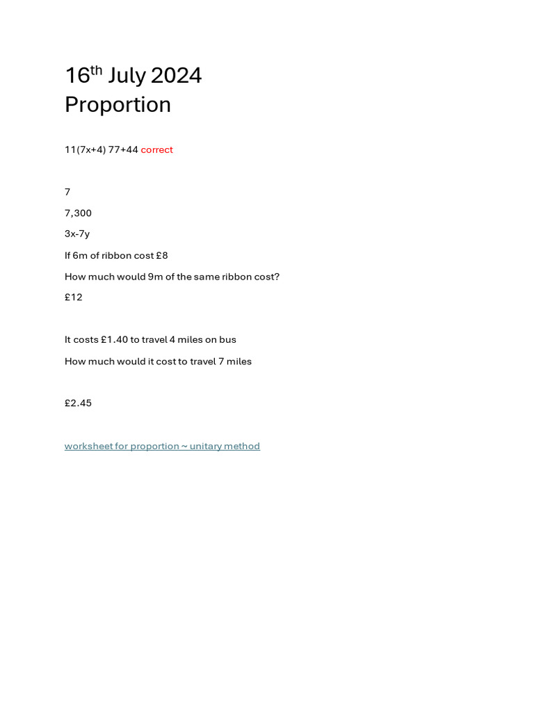 Proportion and Unitary Method Worksheet | PDF