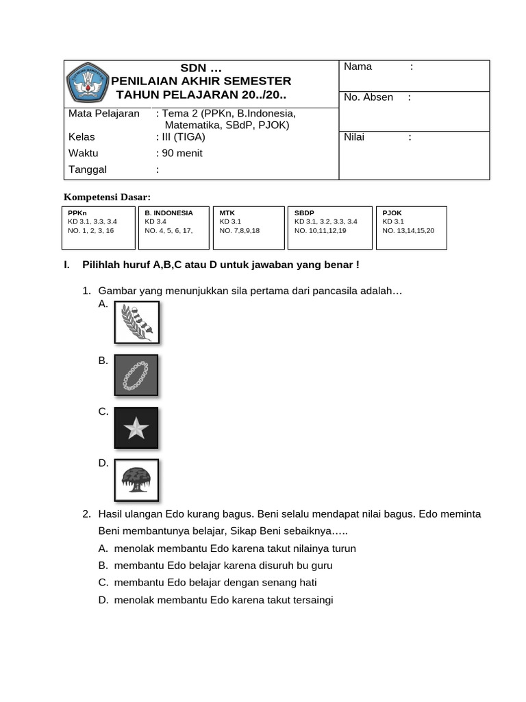 Soal Pas Kelas 3 Tema 1 | PDF