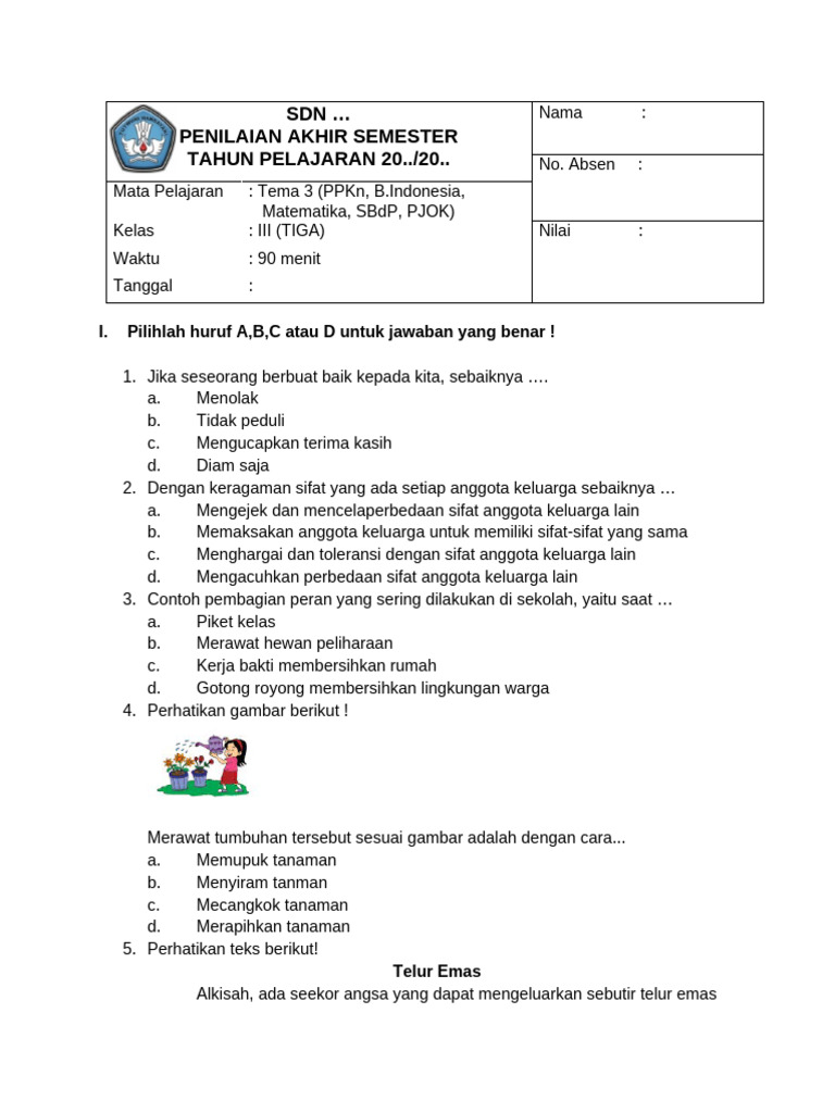 Soal Pas Kelas 3 Tema 3 | PDF