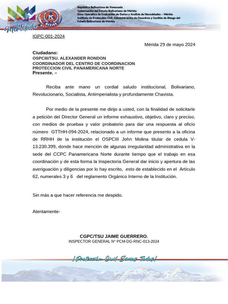 Carta Alexander Rondon | PDF | Gobierno