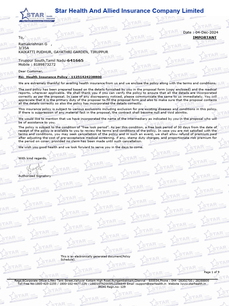 Star Health Insurance Policy Details | PDF | Insurance | Invoice