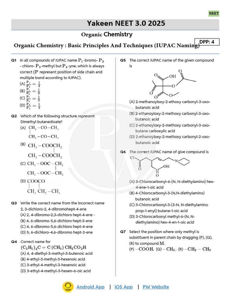 Organic Chemistry - Some Basic Principles and Techniques (IUPAC Naming) - DPP 04 (Of Lec-08 ...