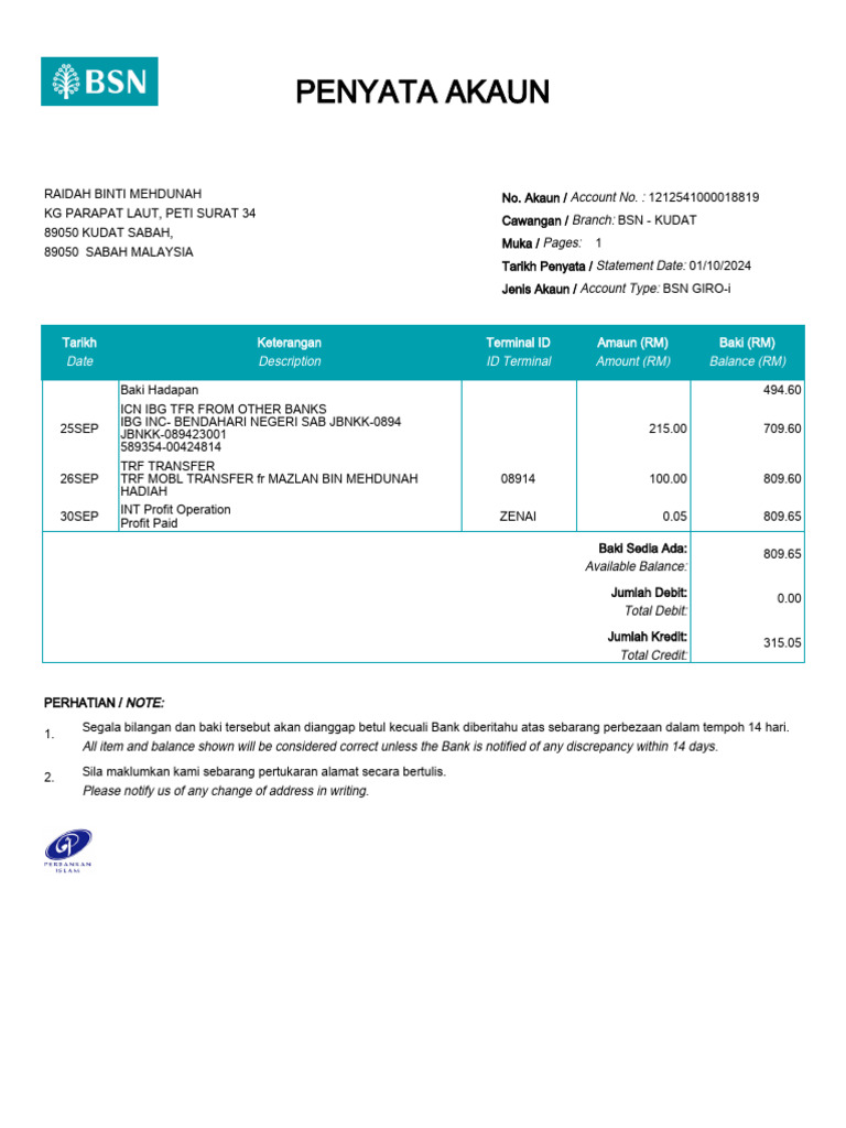 Penyata Akaun BSN GIRO-i 01/10/2024 | PDF | Financial Services | Accounting