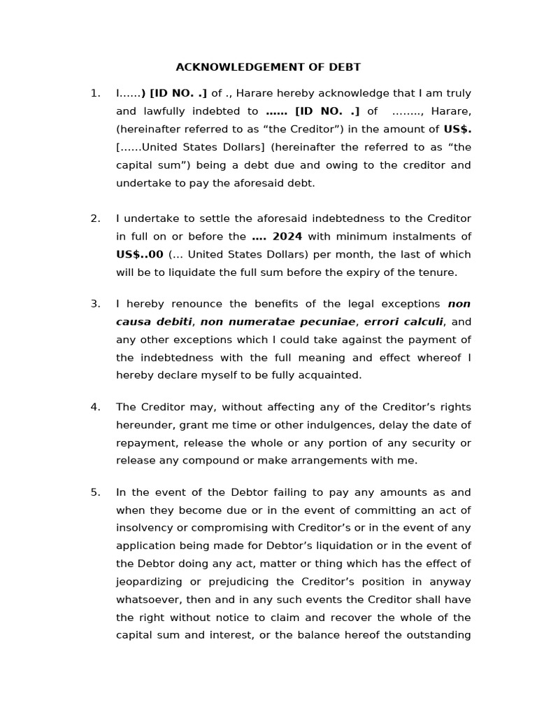 Acknowledgement of Debt Letter | PDF | Debt | Debtor
