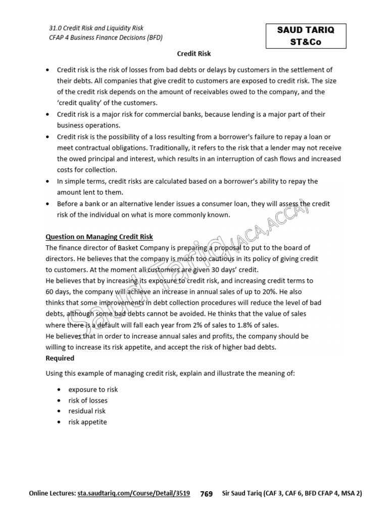 BFD Credit Risk & Liquidity Risk (New Area) by Sir Saud Tariq ST Academy | PDF | Finance & Money ...