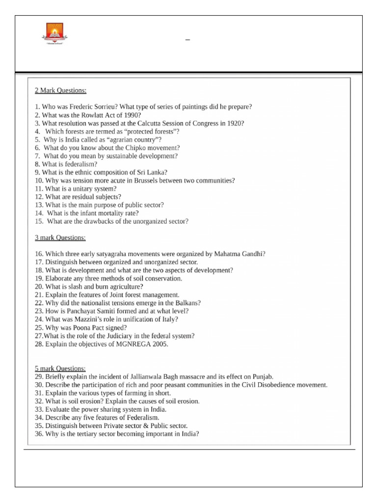10th SS Worksheet 1 | PDF