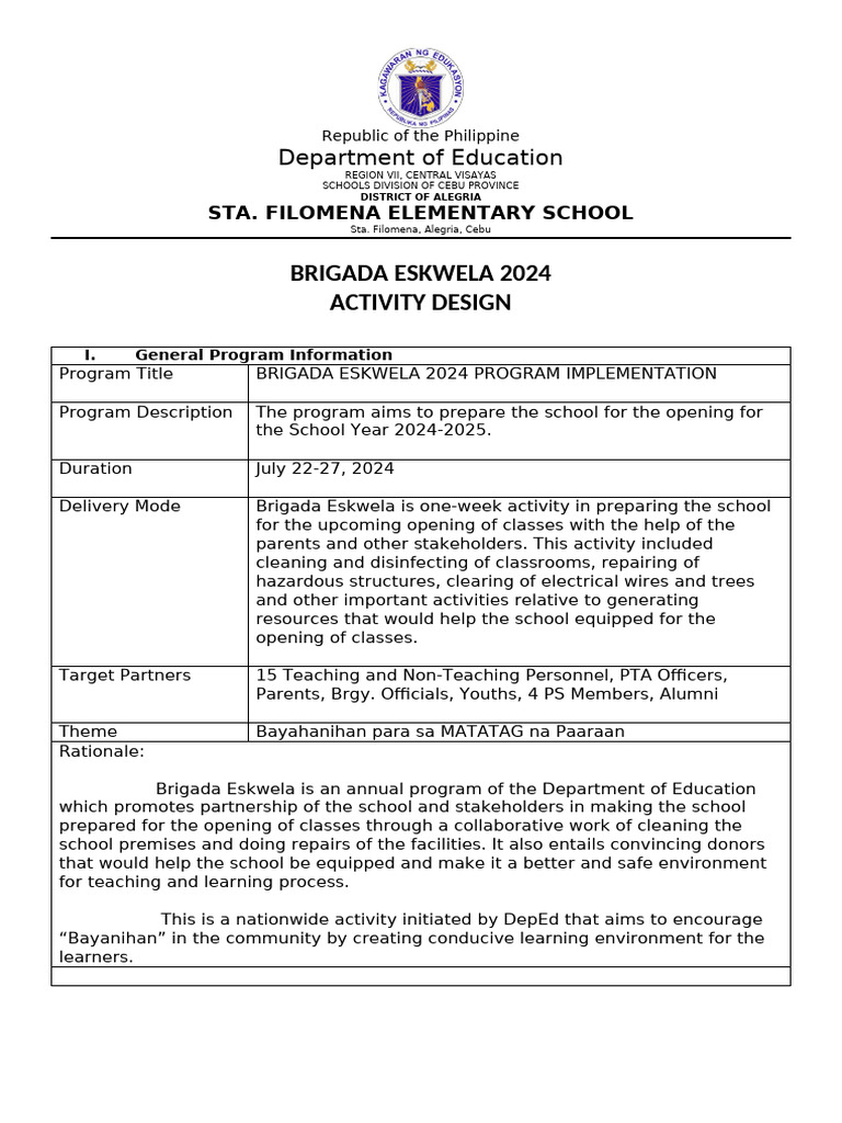 BRIGADA ACTIVITY DESIGN | PDF | Learning | Behavior Modification
