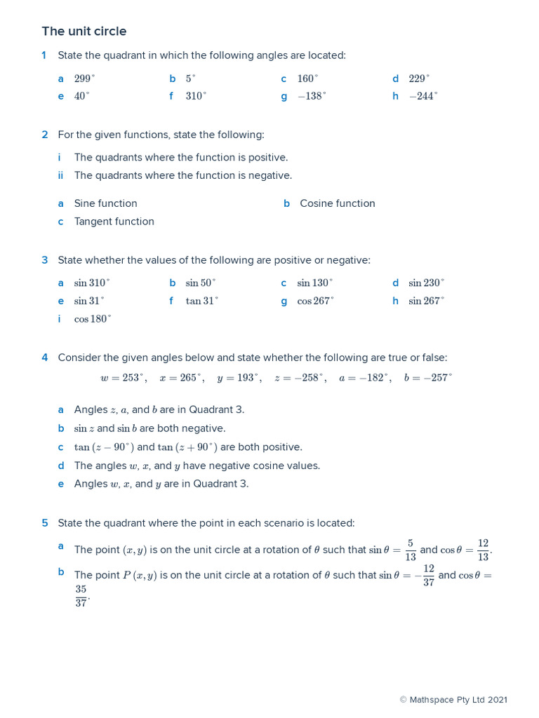 7.02 The Unit Circle and Angles of Any Magnitude - Worksheet | PDF ...