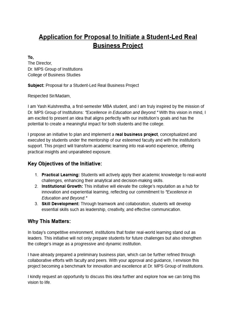 Application For Proposal To Initiate A Student-Led Real Business ...