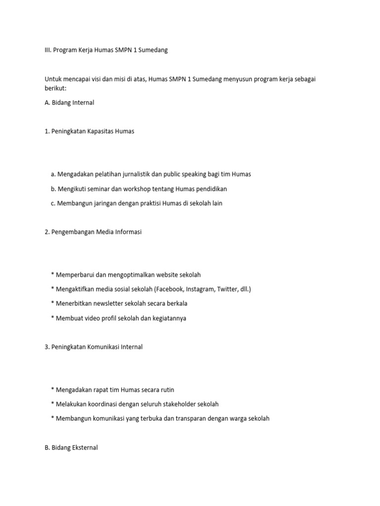 Program Kerja Humas SMPN 1 Sumedang | PDF