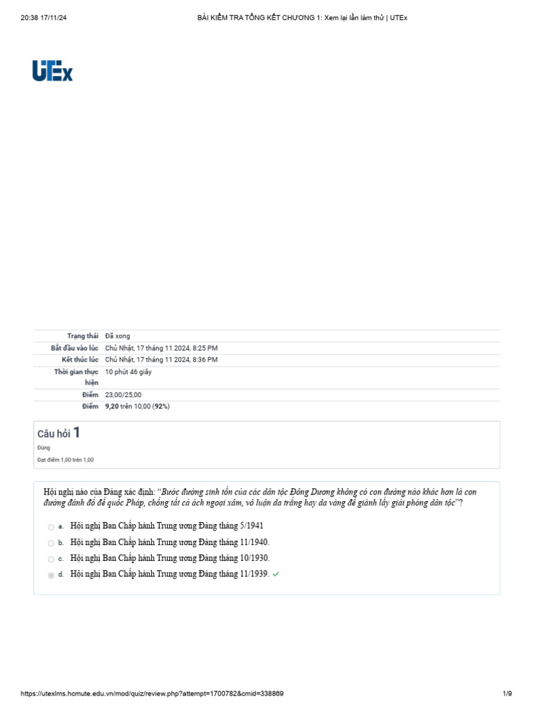 BÀI KIỂM TRA TỔNG KẾT CHƯƠNG 1 - LSD - HCMUTE | PDF