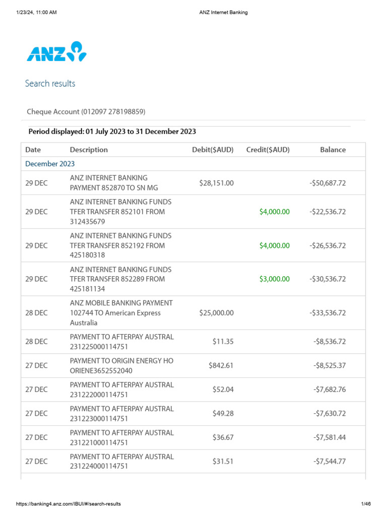 ANZ Internet Banking Transactions Summary | PDF | Overdraft | Banks