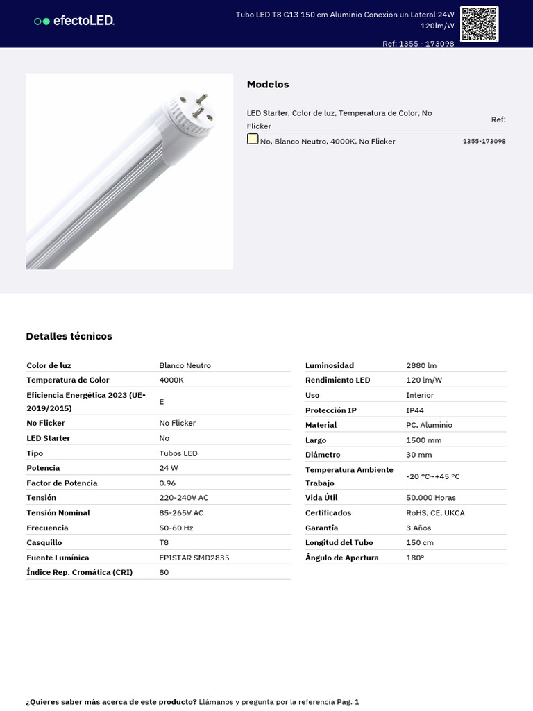 Tubo LED T8 G13 150 cm 24W 120lm/W | PDF | Diodo emisor de luz | Encendiendo