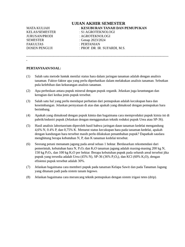 6 - Soal Ujian Kesuburan Tanah Dan Pemupukan (Agt) | PDF