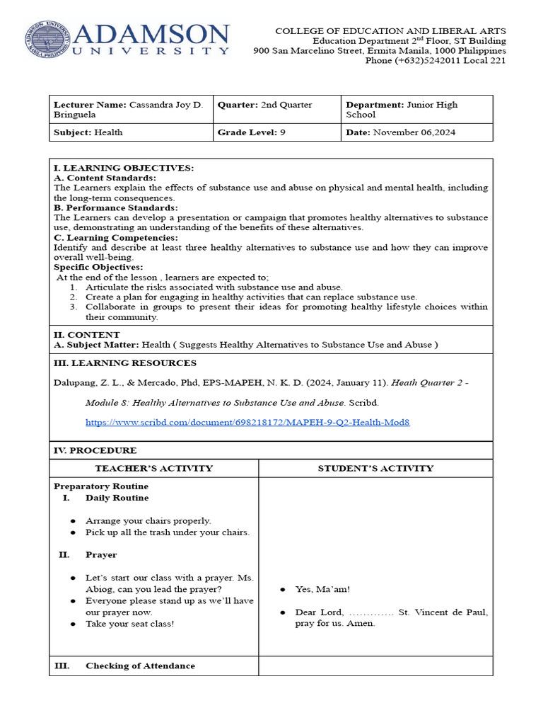 Detailed Lesson Plan - Suggests Healthy Alternatives To Substance Use ...