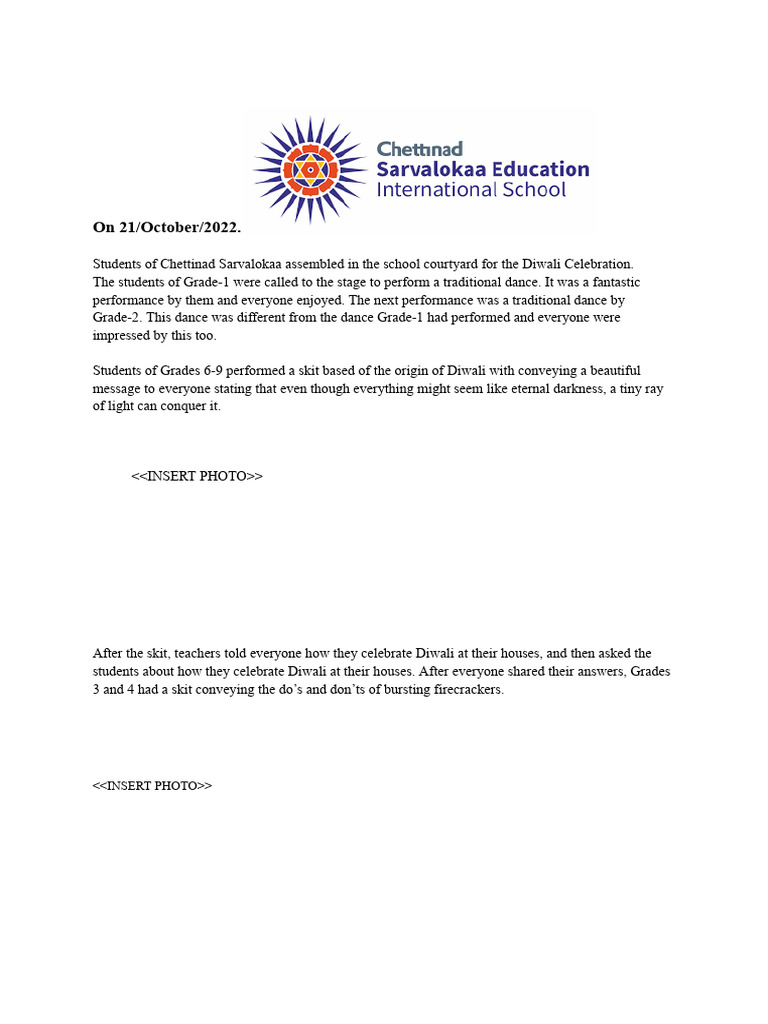 Diwali Celebration Report at Chettinad School | PDF