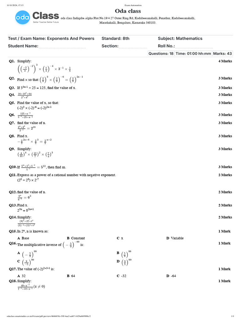 Exponents and Powers - NCERT Exemplar | PDF | Mathematics | Abstract ...