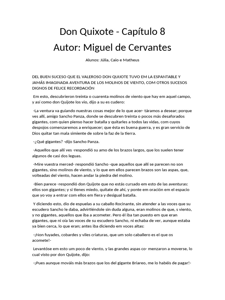 Don Quijote y la batalla con molinos | PDF | Don Quijote | Novelas ...